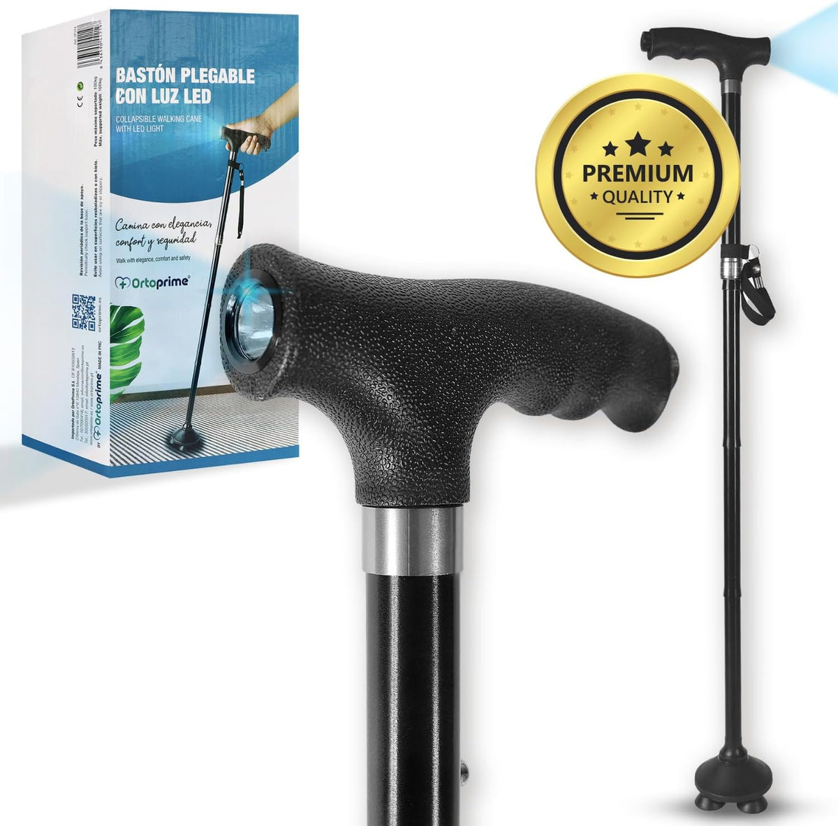 Bastone Pieghevole per Anziani Estensibile con Luce LED